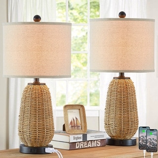 Natural Straw Table Lamps with 3-Way Touch Dimming & USB Ports (Set of ...