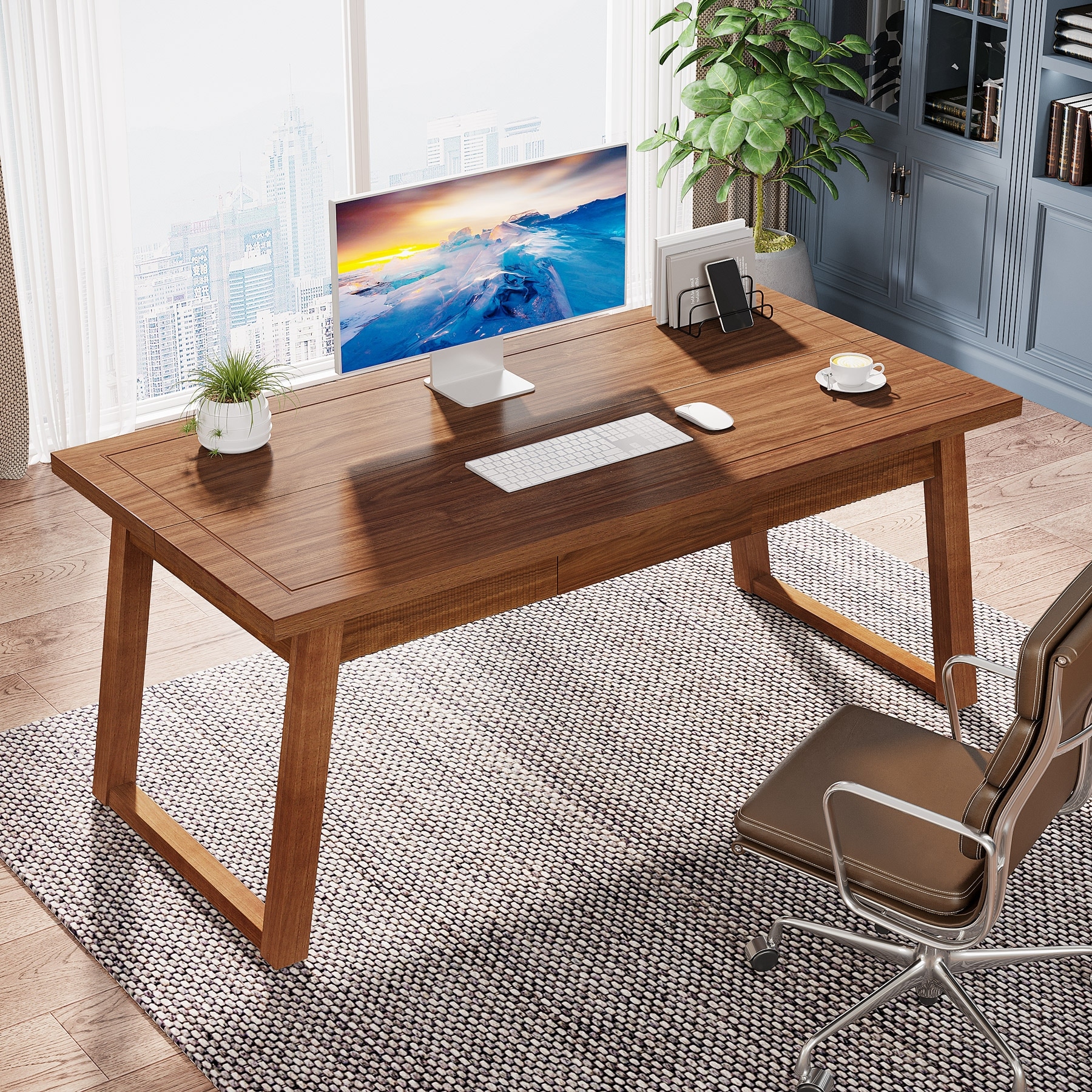 55 Inches Walnut Brown Mid Century Modern Home Office Executive Desk