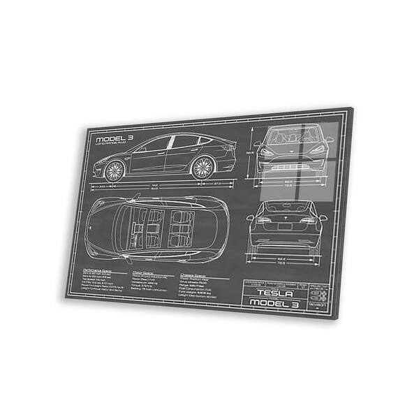Tesla Model 3 (Long Range RWD) Blueprint Print On Acrylic Glass by ...