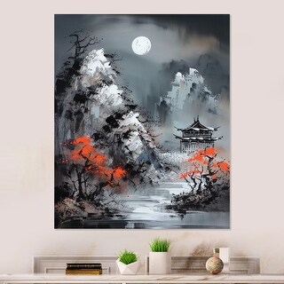 Designart "Red Moonset Raven Cry Japon III" Japon Landscape Metal Wall ...