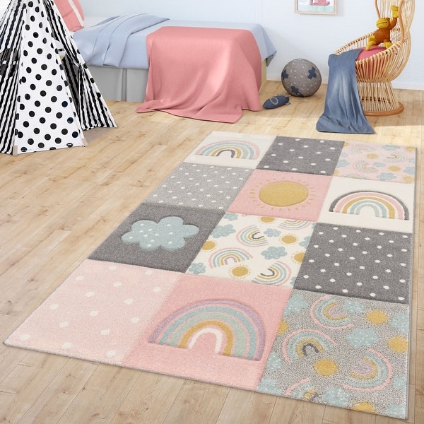 Colorful Kids Rug for Girls Room with Rainbows & Clouds in Pink - On ...