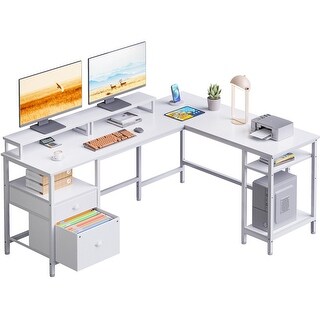 66" L Shaped Desk with Shelves, Reversible Computer Desk w/ File Drawer ...