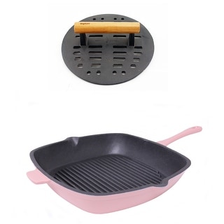 BergHOFF Neo 2pc Cast Iron 11" Grill Pan with Slotted Steak Press, Pink ...