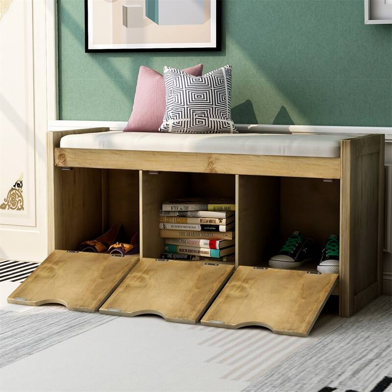 Merax Storage Bench with 3 Flip Lock Storage Cubbies and Removable ...