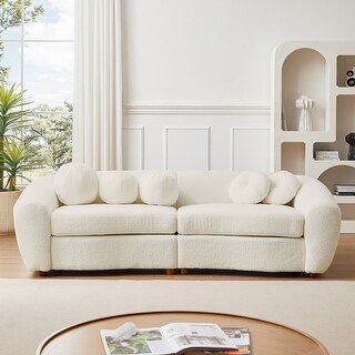 81-Inch Ivory Teddy Fabric Sectional Sofa - Oversized 3-Seater Sofa ...