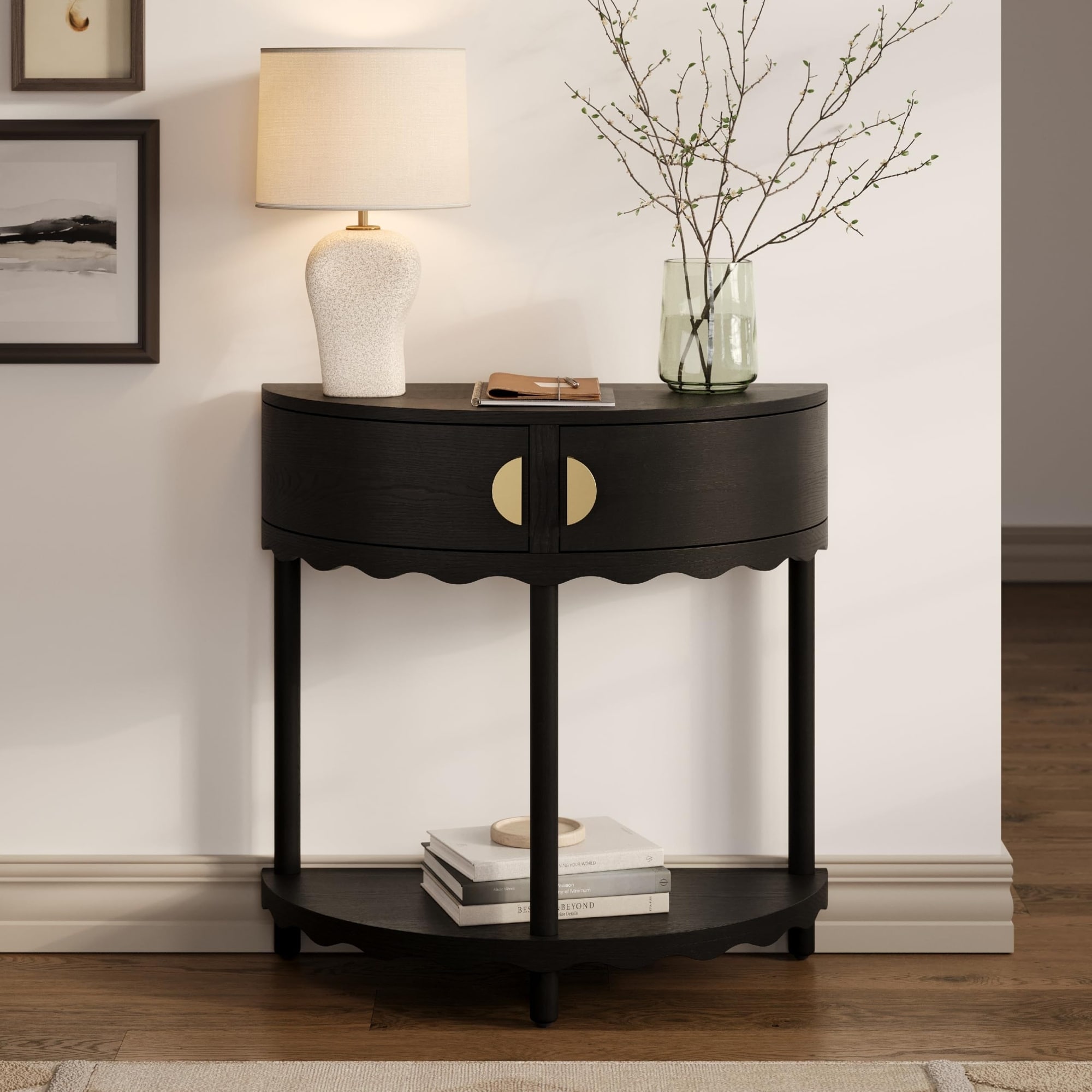 Scalloped Skirt Half Moon Console Table Small Entry Table with Storage for Narrow Spaces Black Bed Bath Beyond 42123156