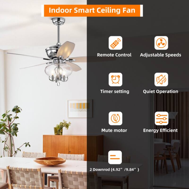 52" Crystal Chandelier Fan with Remote, Classic, Glam, Traditional ...