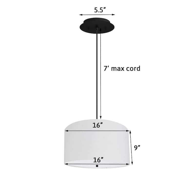 16" W 2 Light Pendant White Linen Drum Shade with Diffuser, Black Cord ...