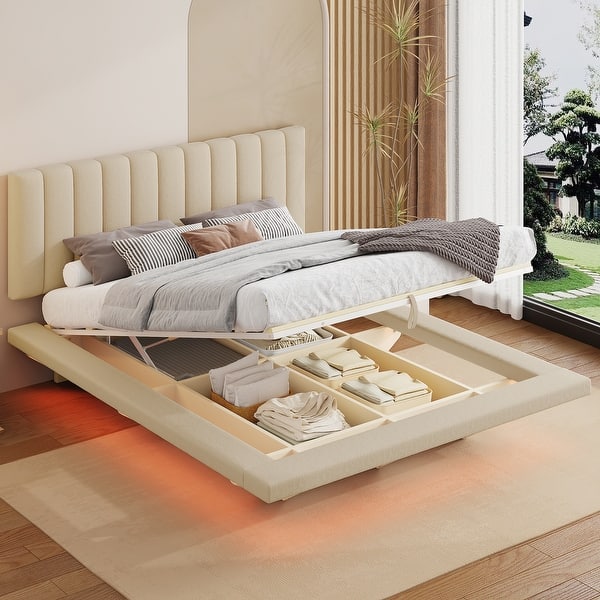 Queen Size Upholstered Floating Bed with LED Light and USB Port, Velvet ...