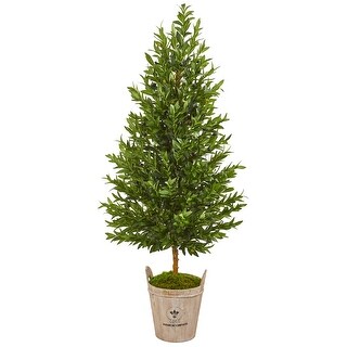 5' Olive Cone Topiary Artificial Tree in Farmhouse Planter - Green ...