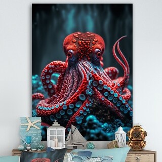 Designart "Red Octopus On The Ocean Floor IV" Animal Octopus Canvas ...