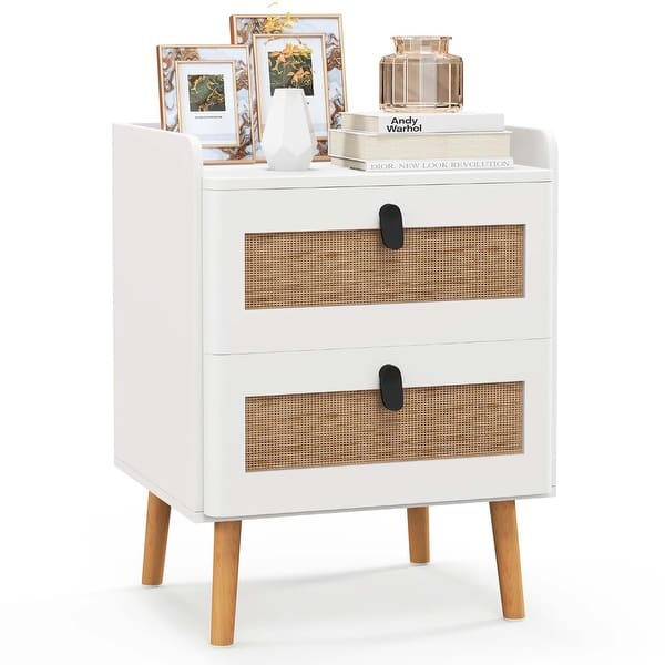 Costway Modern Nightstand End Bedside Table with 2 Rattan Drawers & - 1 ...
