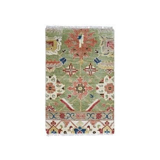 Shahbanu Rugs Bud Green Soft Wool Hand Knotted Tone On Tone Sustainable ...