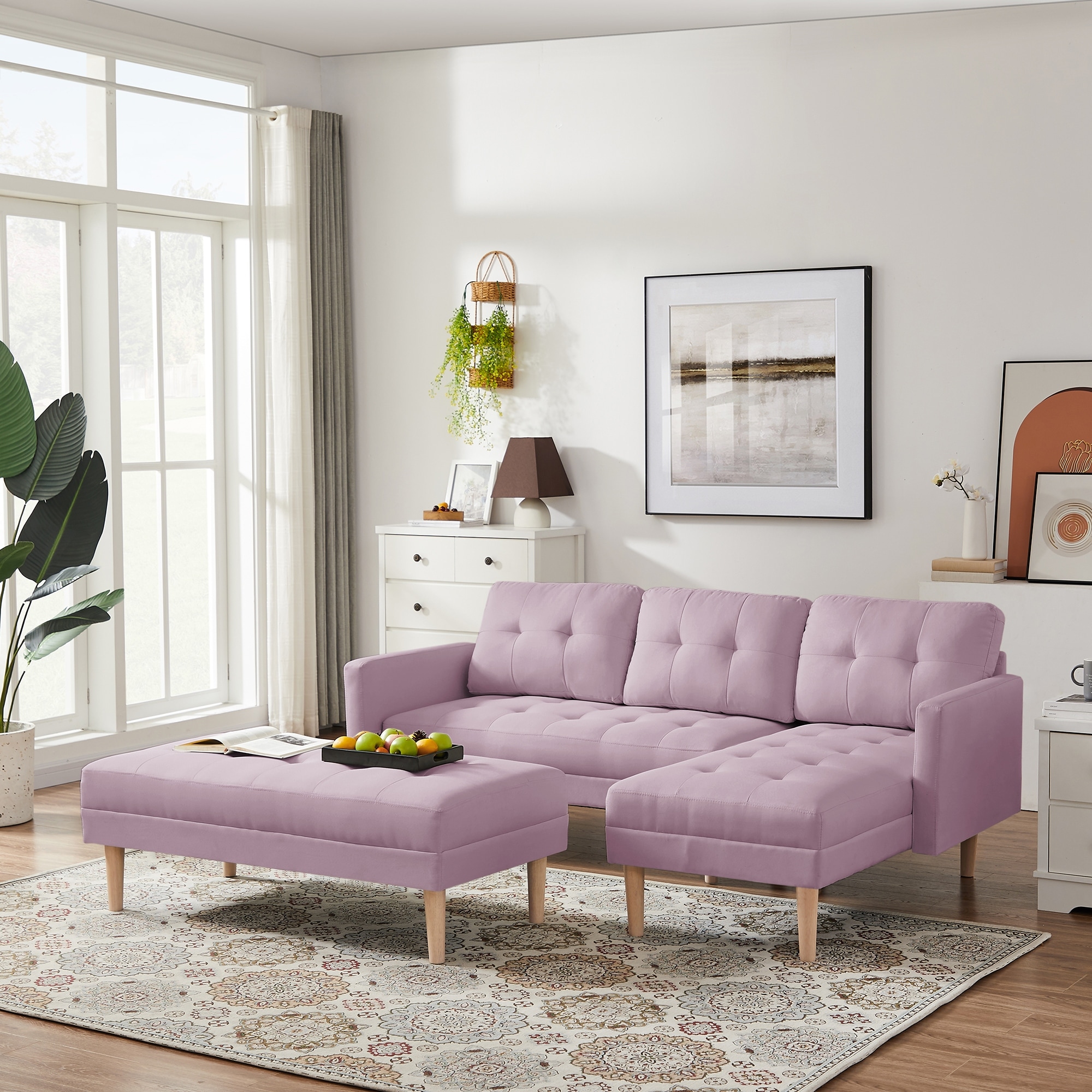 pink purple L shape Sectional with Chaise Lounge Ottomans Bench
