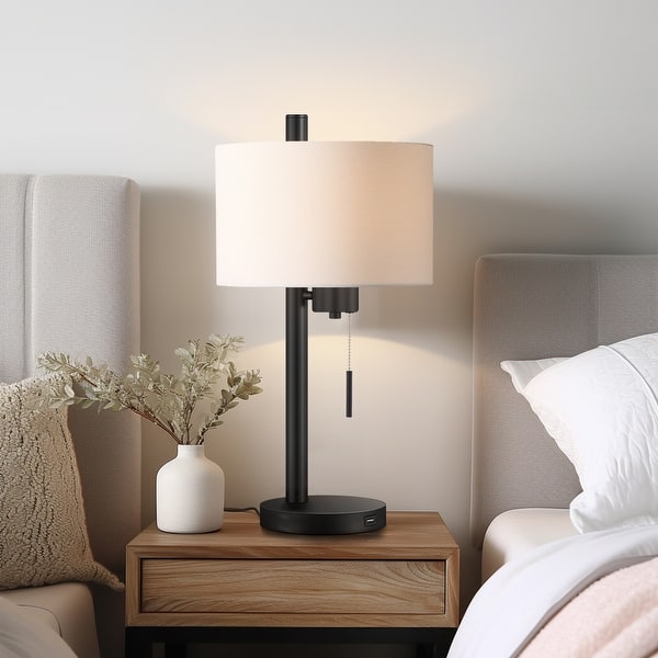 23-in Black Modern Table Lamp with USB Port and White Linen Shade - 23 ...