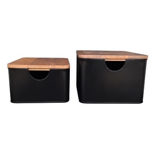 Metal Containers with Mango Wood Lids, Set of 2 - 12.0"L x 8.0"W x 5.5 ...