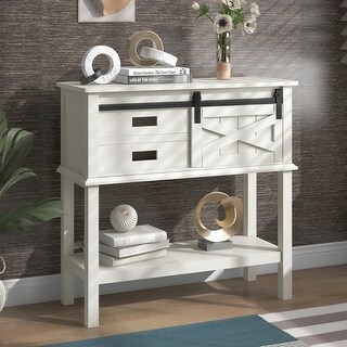 White Wooden Farmhouse Console Table with Sliding Barn Door and Two ...