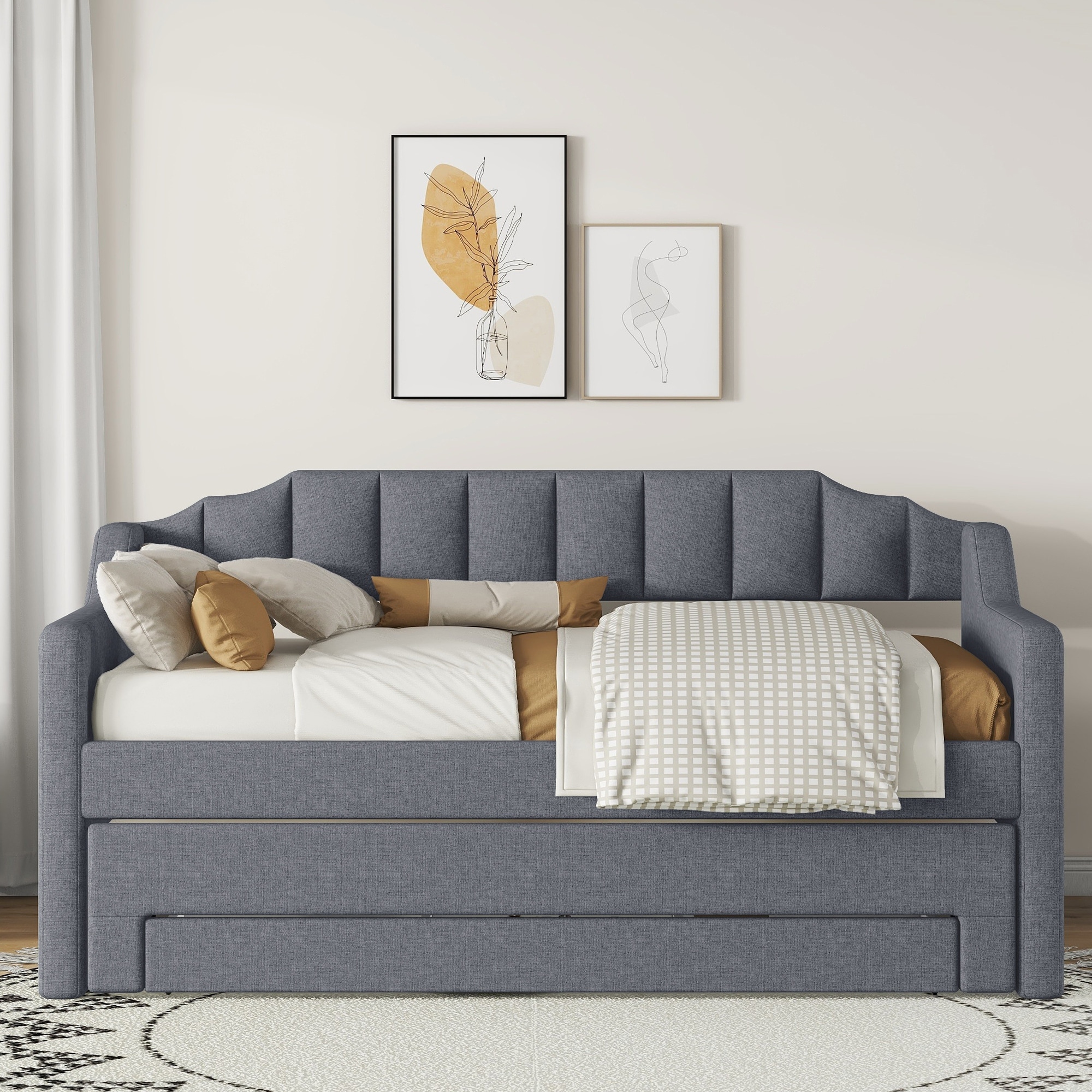 Slat Daybed Twin Linen Upholstered Daybed Frame with Twin Extendable ...