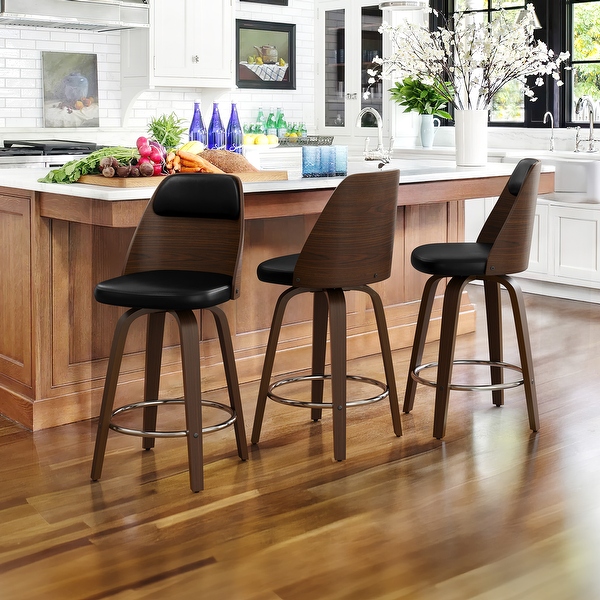 Lue Bona 26 in. Set of 3 Faux Leather Counter Height Swivel Bar Stools with Solid Wood and Curved High Back Black