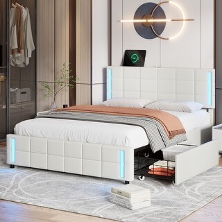 White Pu Smart Upholstered Queen Platform Bed: Led Lights, Usb Ports, 4 ...