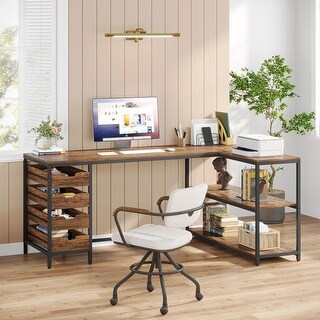 64.5" L-Shaped Computer Desk with 4 Drawers, Industrial Office Desk ...