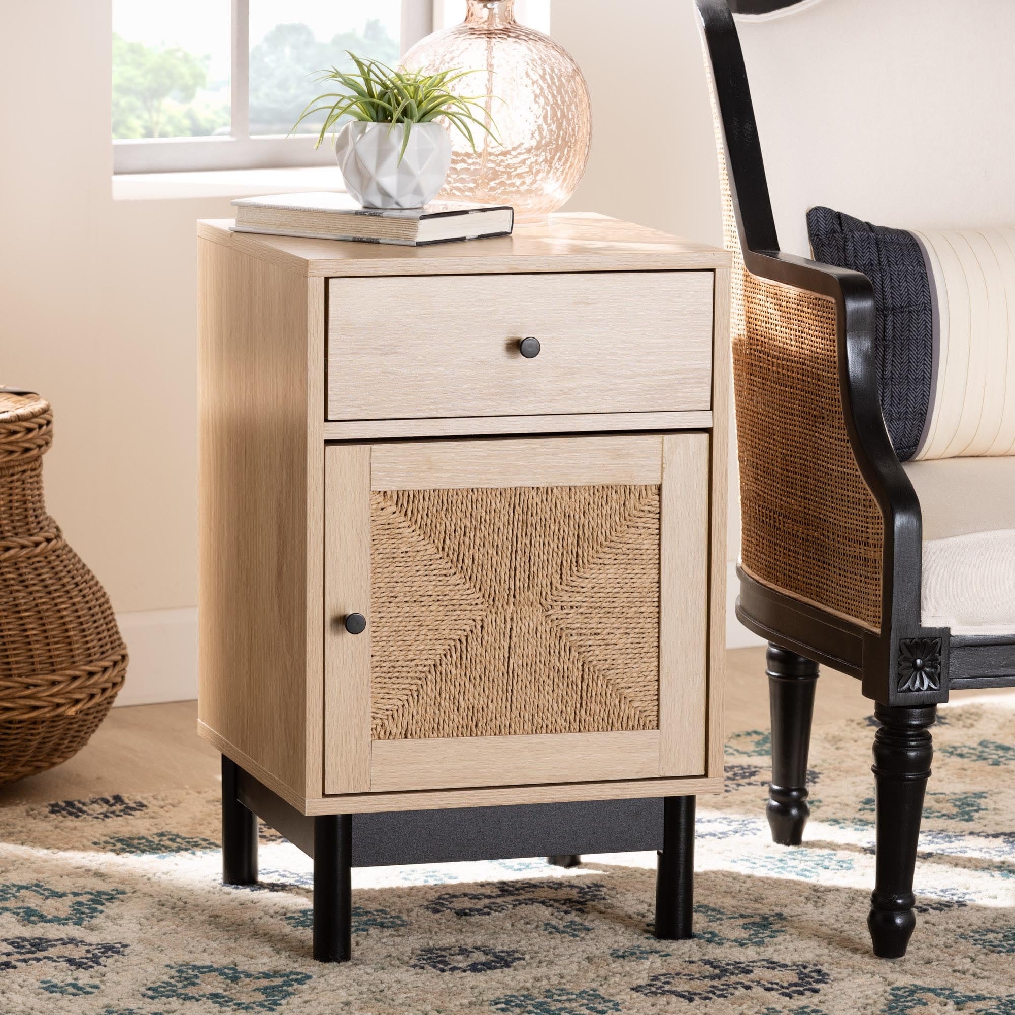 Emmett Mid-Century Modern Light Brown Finished Wood 1-Drawer End Table ...