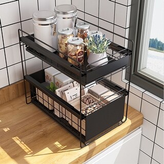2-Tier Storage Rack with Sliding Storage Cabinet Organizer Shelf - Bed ...