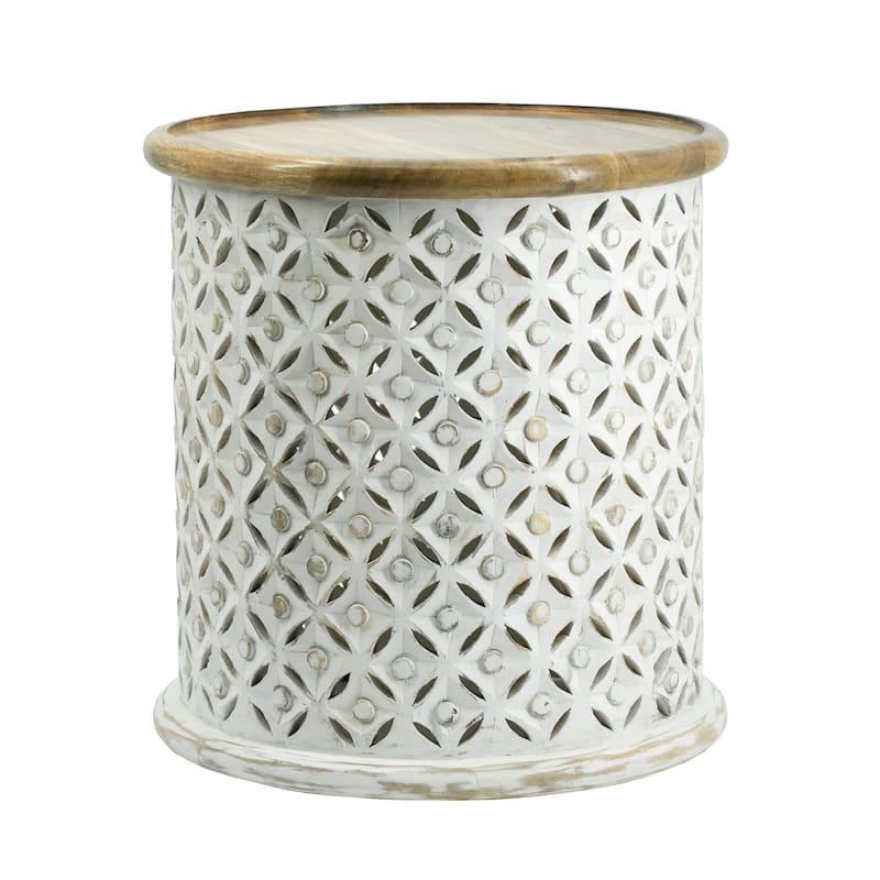 18, 16 Inch Accent Tables, Round, Mango Wood, Floral Cut Out, Brown ...