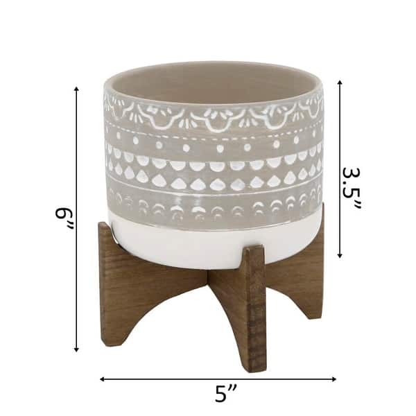 Mid-Century Modern Planter 5" Mayan Ceramic 2-Tone on Wood Stand - Bed ...