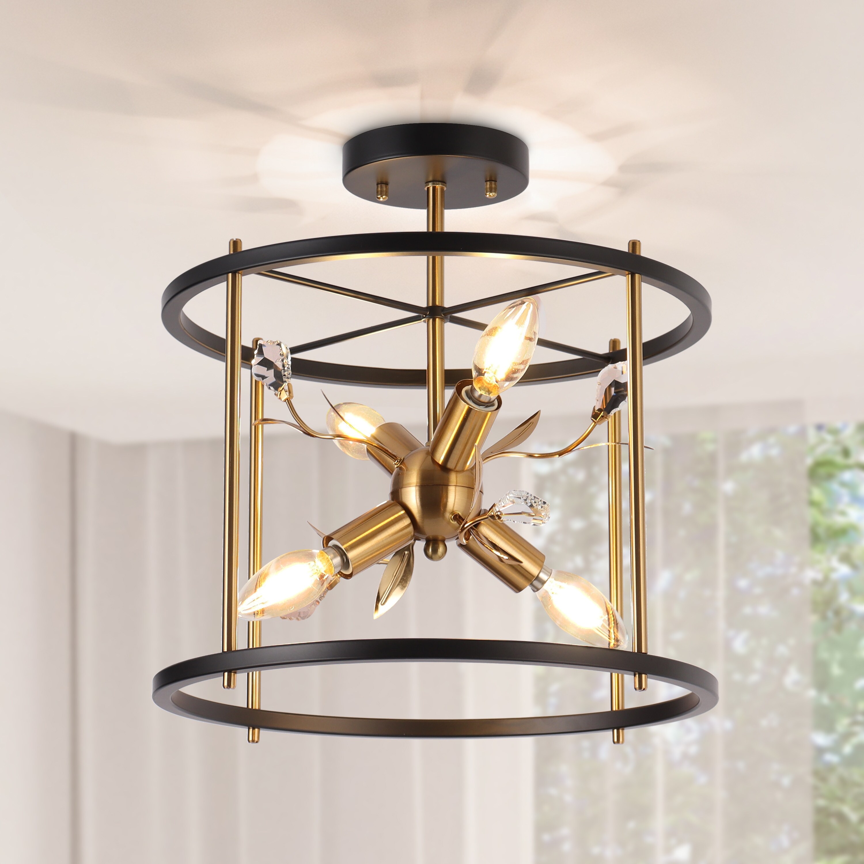 Modern Black Gold 3-Light Sputnik Semi-Flush Mount Ceiling Light Cage ...
