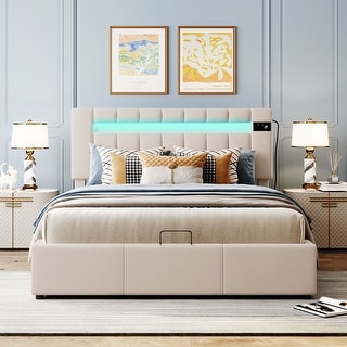 Queen Size Upholstered Bed with LED light, Bluetooth Player and USB ...