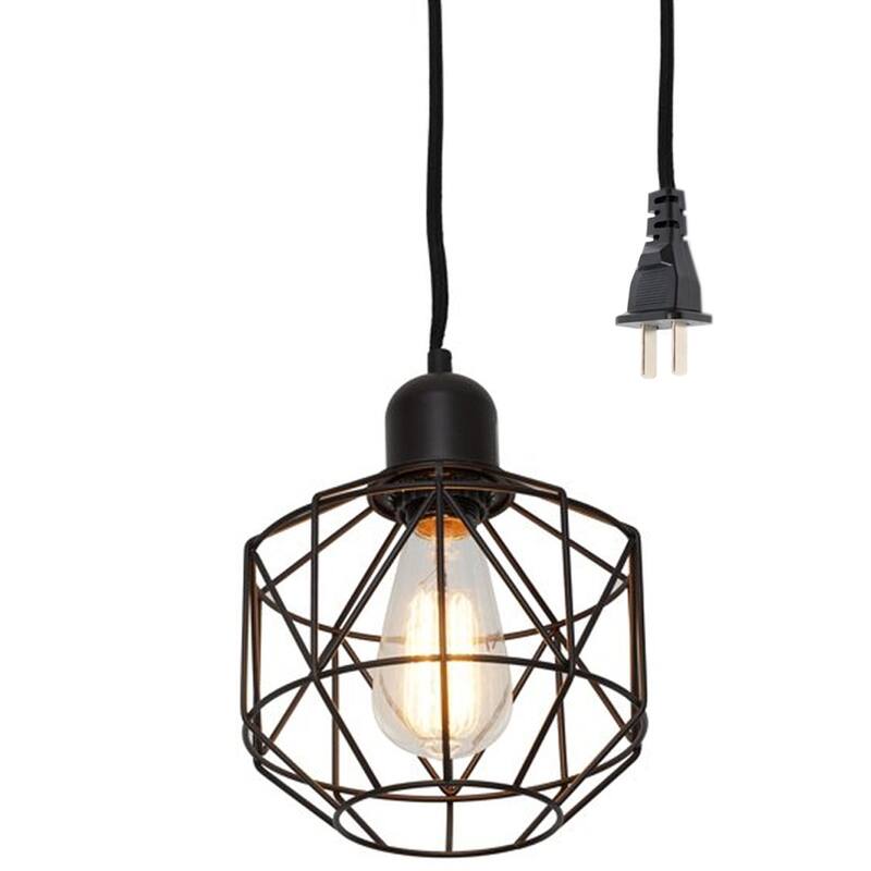 10"W 1-Light Metal Geometric Cage Plug-In Swag Pendant Light Bronze ...