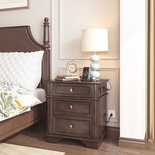 Antique Brushed Finish Brown P2 MDF and Solid Wood 3-Drawer Nightstand ...