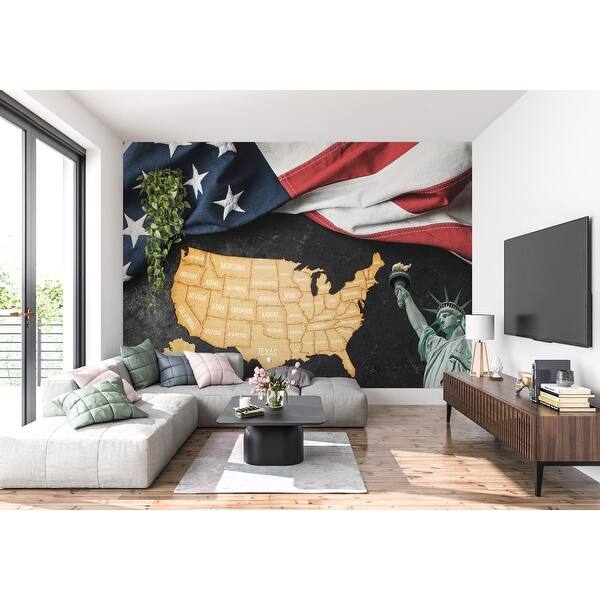 Americana Non-pasted Wallpaper Wall Mural - USA Map, Flag & Statue ...