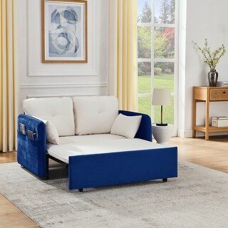 Send Pillow - Bule Velvet Loveseat Bed with Pull-out Sleeper Bed - Bed ...
