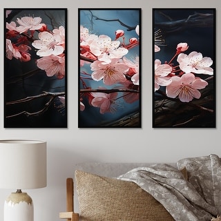 Designart "Pink Cherry Blossoms Tree At Night I" Cherry Framed Art Set ...