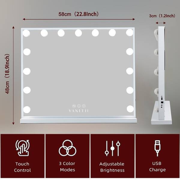 VANITII Large Hollywood Makeup Vanity Mirror with 15 LED Bulbs 3 Lights Adjustable USB Charging ...