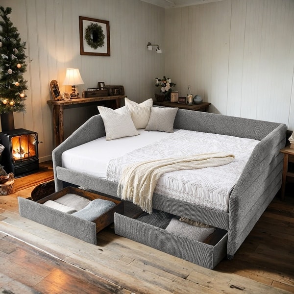 French Queen Size Daybed with Two Drawers Trundle Upholstered Tufted ...