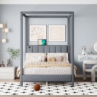 Queen Wingback Bed Frame - Gray Canvas-upholstered Canopy Bed with USB ...