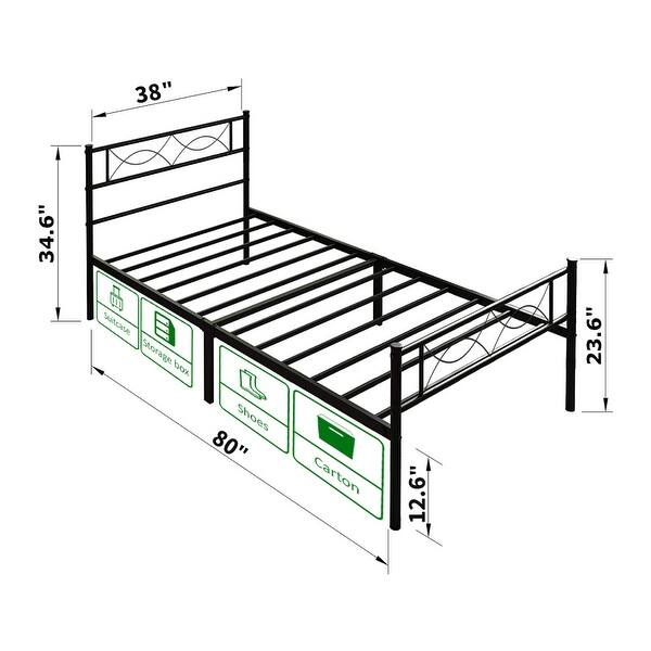Black Metal Twin XL Platform Bed Frame with Headboard and Steel Slats ...