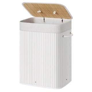 19 Gal.Bamboo Foldable Laundry Hamper with Lid, and 3 Handles - Bed ...