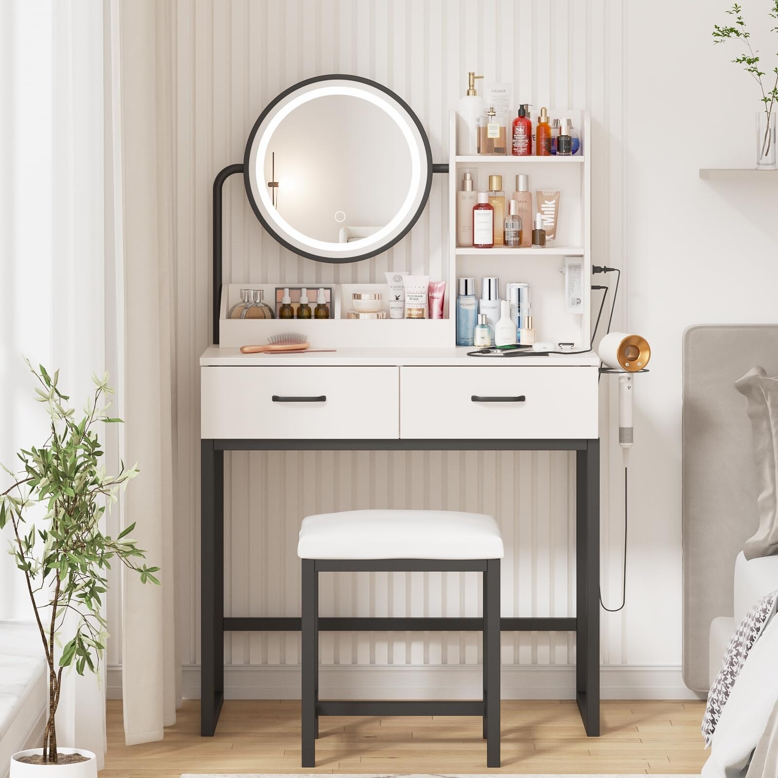 Makeup Vanity with Round Mirror and Lights White Vanity Makeup Table with Charging Station Bedroom Small Vanity Table