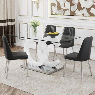 5-Piece Dining Set, 63" Tempered Glass Table & 4 PU Black Chairs with ...