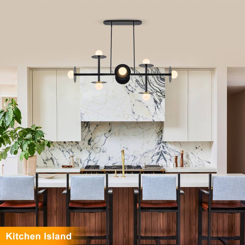 8-Light Matte Black Linear Chandelier with Opal Glass Globe Shades - W ...