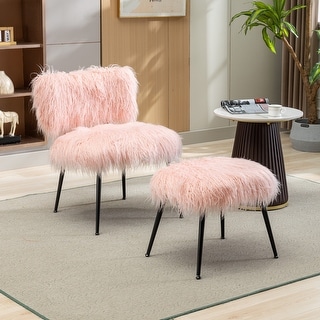 Fluffy Faux Fur Accent Chair with Ottoman Footrest, Upholstered Armless ...