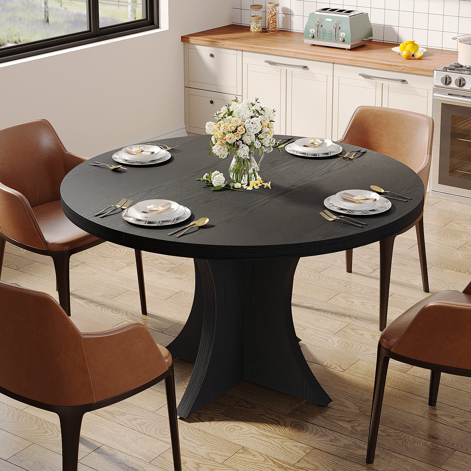 Round Dining Table for 4 6 47.2 Black Kitchen Table Grey