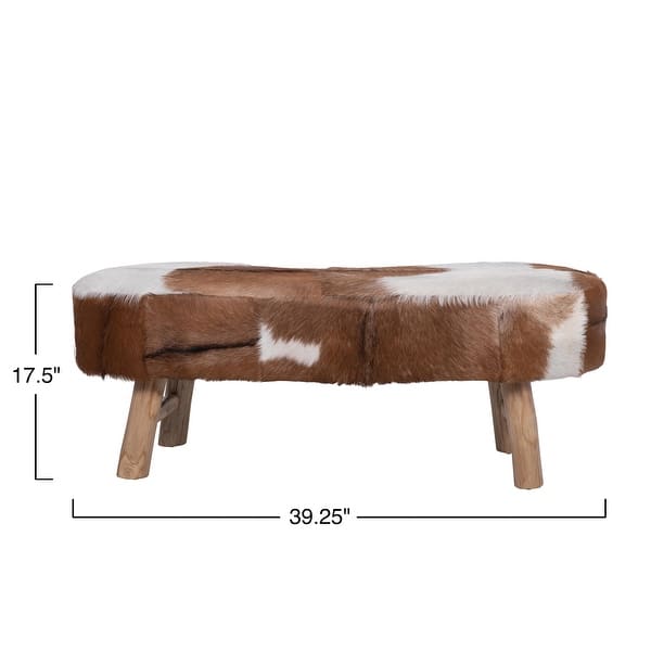 39.25"W Goat Fur Upholstered Bench with Cowhide Print & Wood Legs - Bed ...
