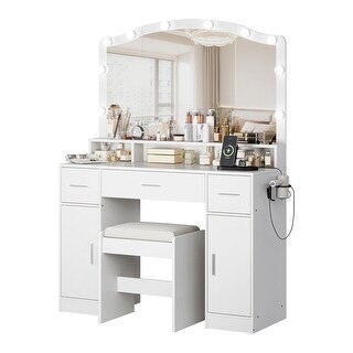Makeup Vanity Desk with LED Mirror, Power Outlet, Drawers, Storage ...