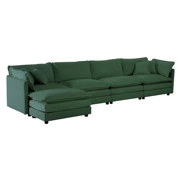 Green L-Shape Convertible Sectional Sofa 5-Seat Breathable Chenille Modular Couch with Ottoman ...