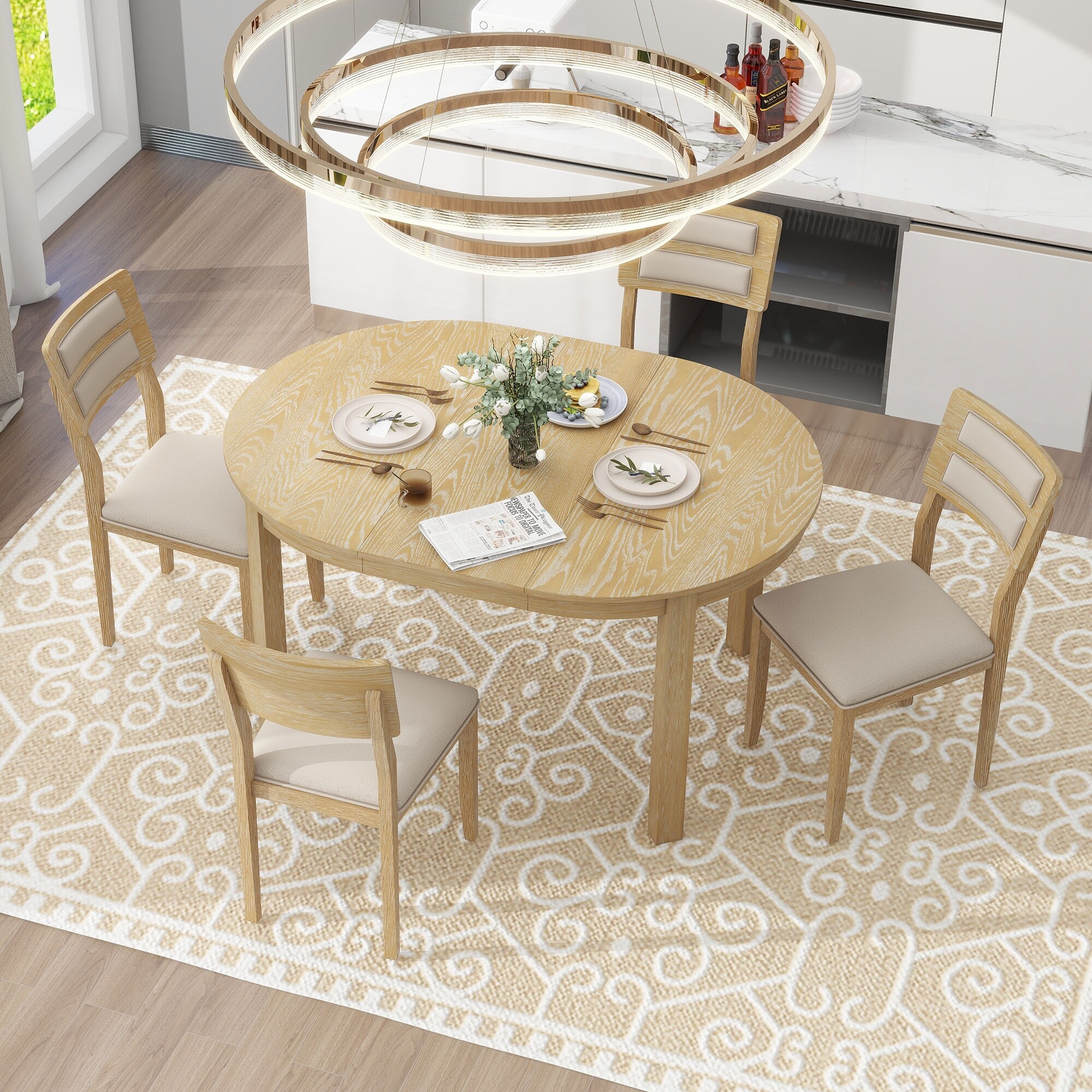 5 Pc Extendable Round Dining Table Set w 4 Chairs and Two Small Drawers